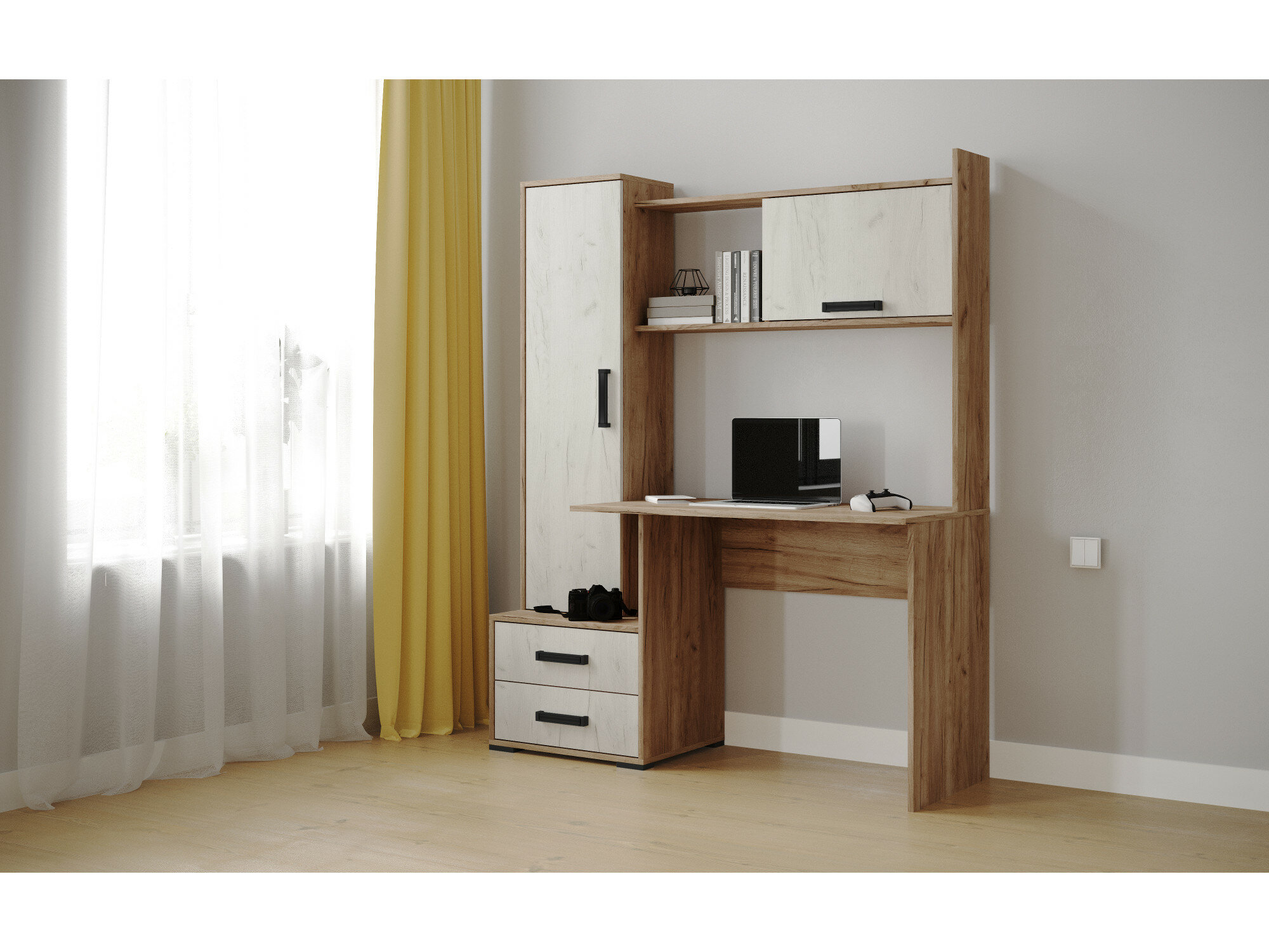 Компьютерный стол с полками для хранения, Крафт табачный/Крафт белый