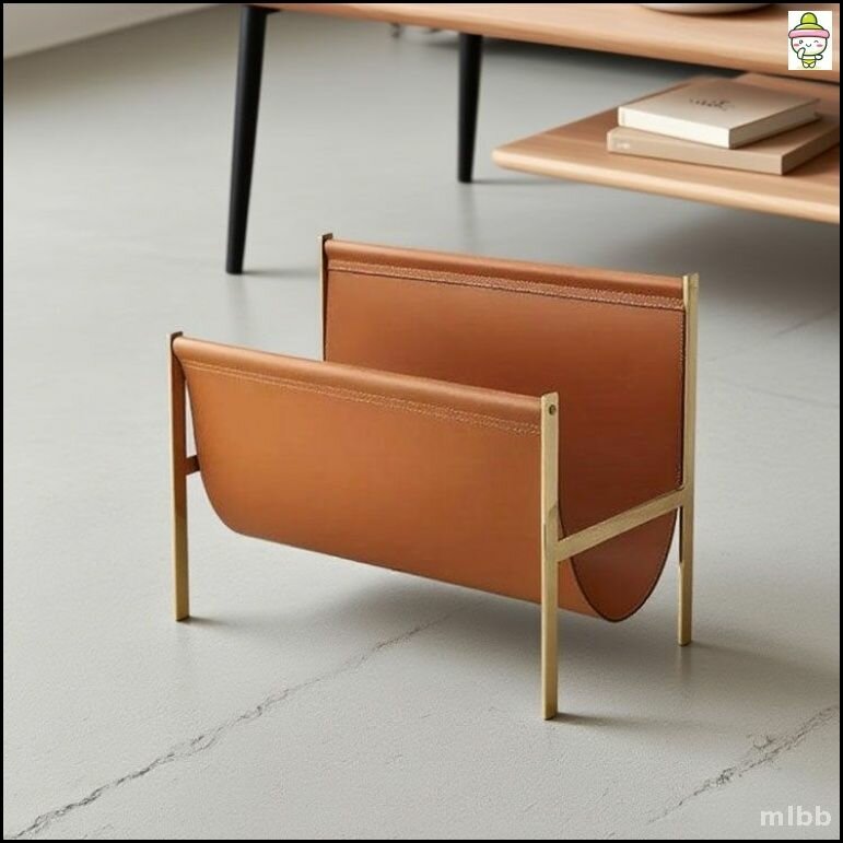 Эксклюзивный напольный стеллаж для прессы из кованого железа со столешницей, выполненный в скандинавском стиле с элементами из кожи, для хранения газет и журналов, габариты 42x26x38 см