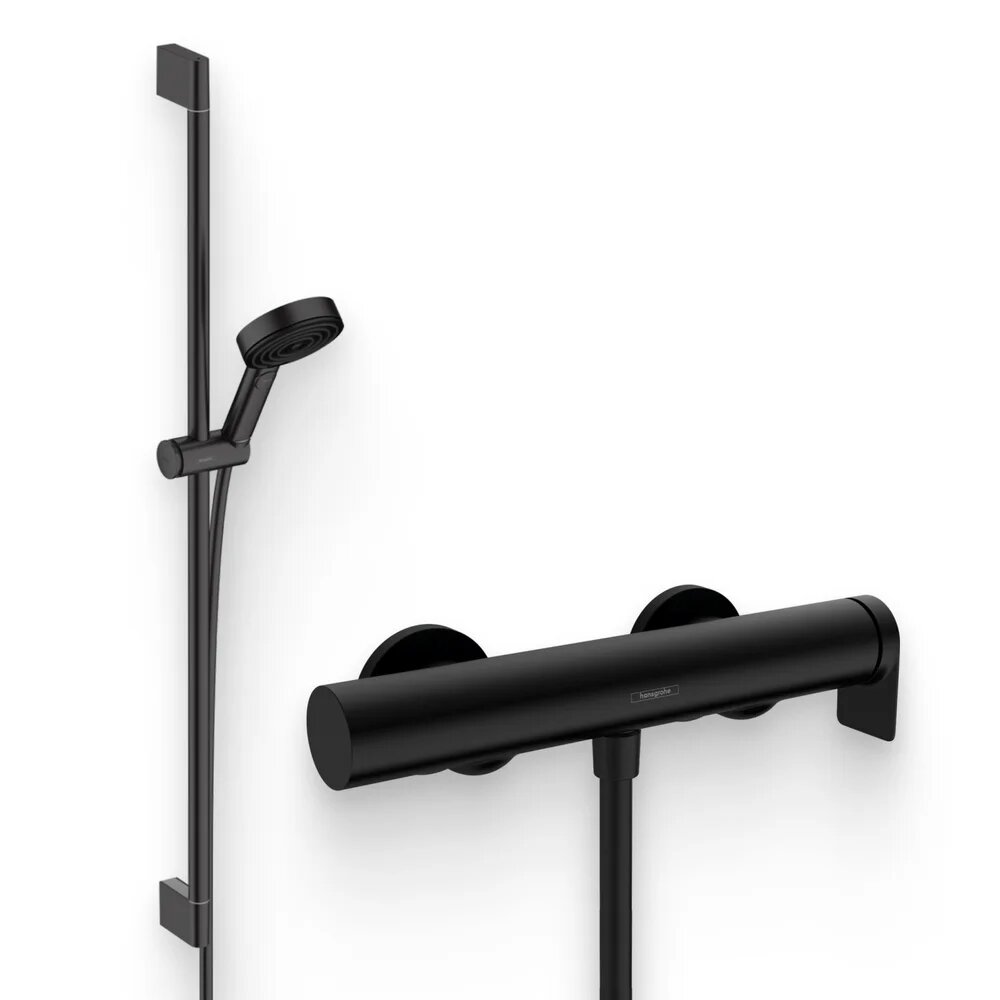 Душевой комплект Смеситель для душа Hansgrohe Vivenis 75620670, матовый черный / Гарнитур Pulsify Relaxation 105 3jet 24170670, матовый черный