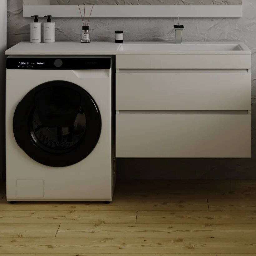 Тумба с раковиной Style Line Даллас 140 подвесная, под стиральную машину, 140, 2 см, белая, глянцевая, из МДФ, с ящиками, раковина для ванной из камня, прямоугольная