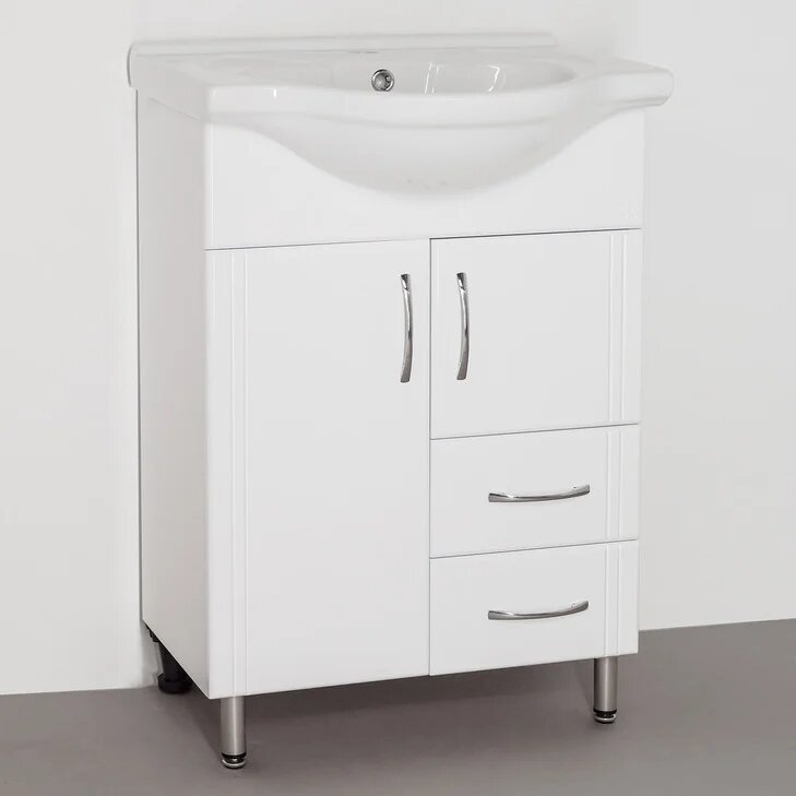 Тумба с раковиной Style Line Эко Стандарт №10/2 60 напольная, 60, 5 см, белая, глянцевая, с ящиками, с дверками, раковина для ванной, фарфоровая, прямоугольная