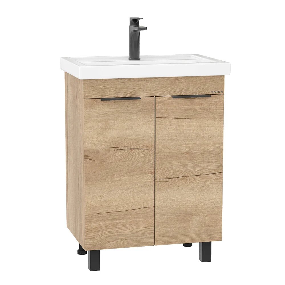 Тумба под раковину без столешницы Onika Легран 60 напольная, с ножками, светлое дерево, матовая, из ЛДСП, тумба для ванной, с дверками, лофт