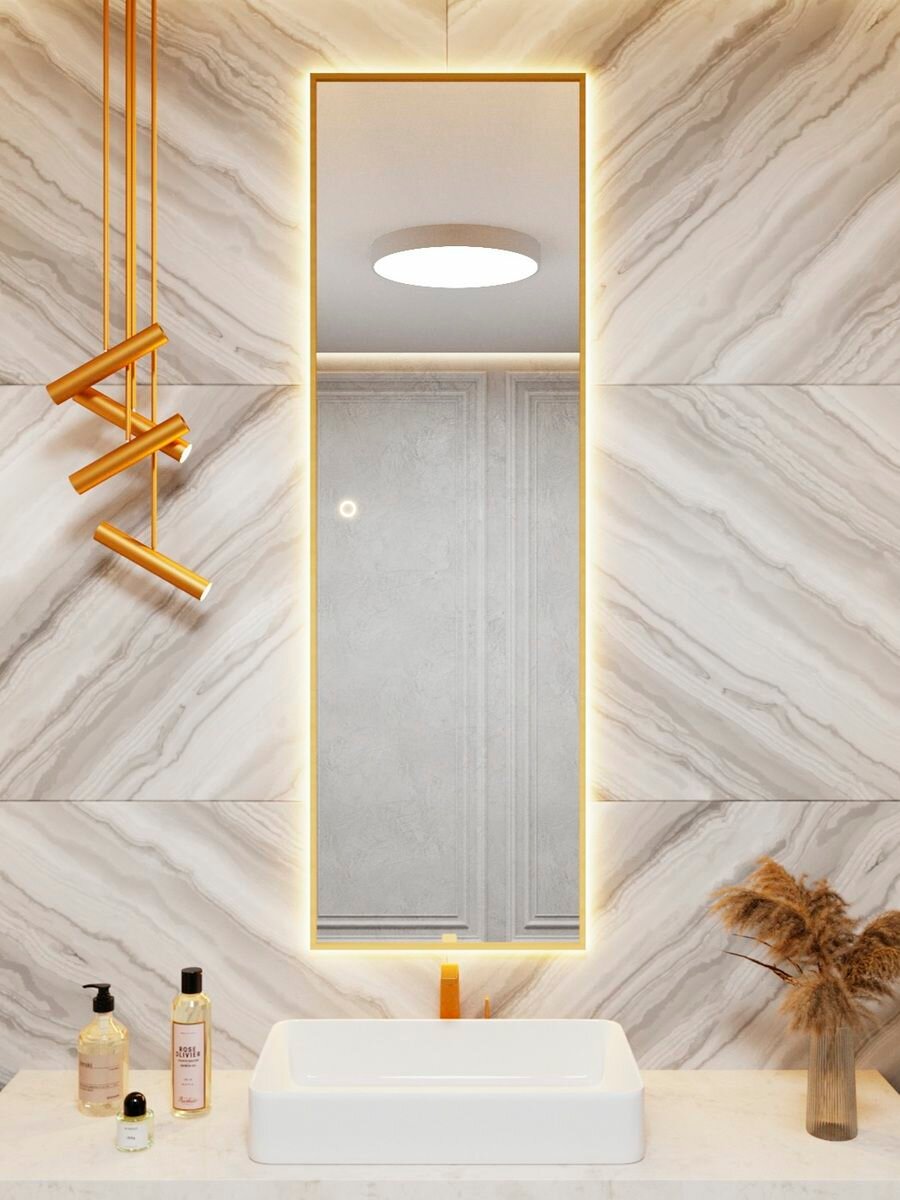 Зеркало настенное 150х50 см. BLX MIRROR с подсветкой сенсорное в алюминиевой раме, Золото