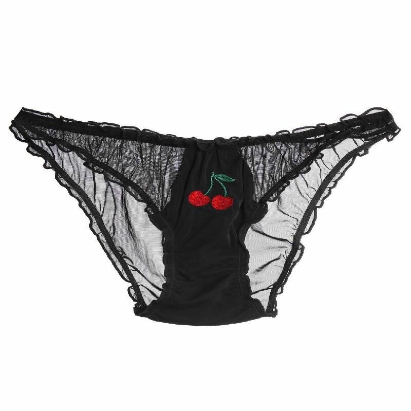 Женские трусики с рюшами и фруктовой вышивкой, Черный - L