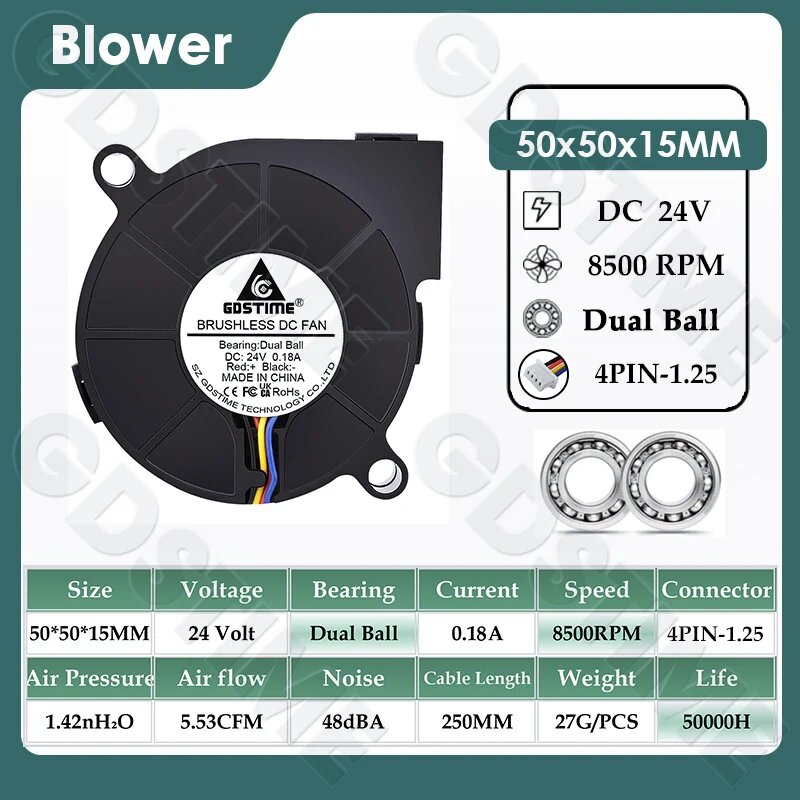 Gdstime 5015 вентилятор для 3D принтера 1Pc 5015 Blower, 24V Ball 4PIN