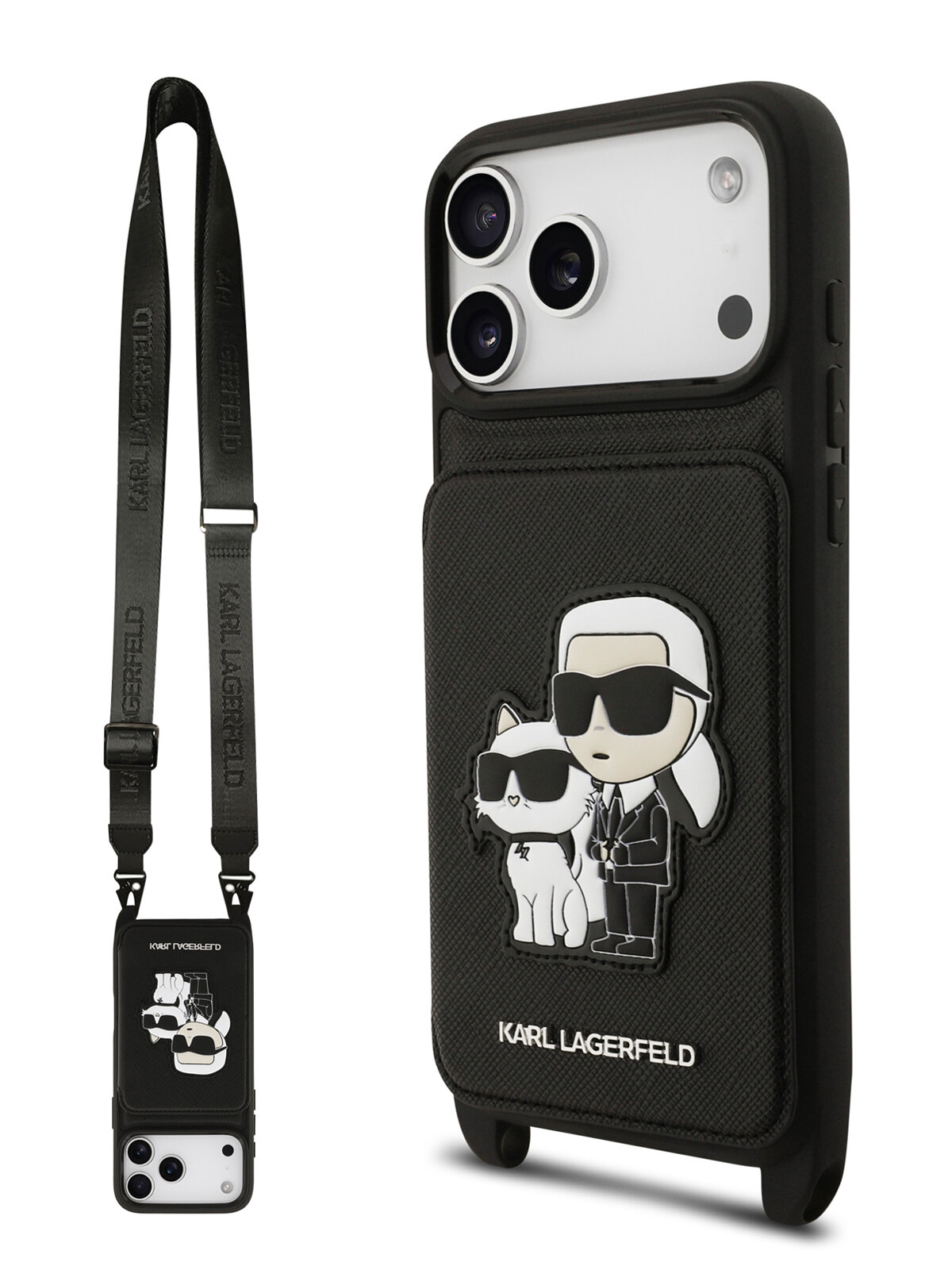 Чехол Karl Lagerfeld на iPhone 17 Pro, кросс-боди с ремешком, из экокожи Saffiano, с картхолдером, черный