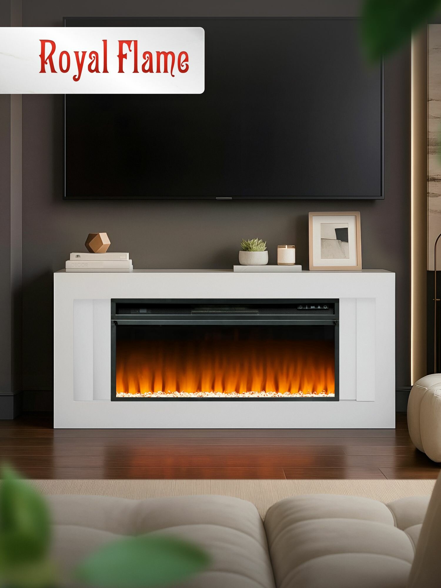 Камин электрический Royal Flame LINE в белом цвете и очаг Vision 42 с кристаллами, напольный декоративный электрокамин