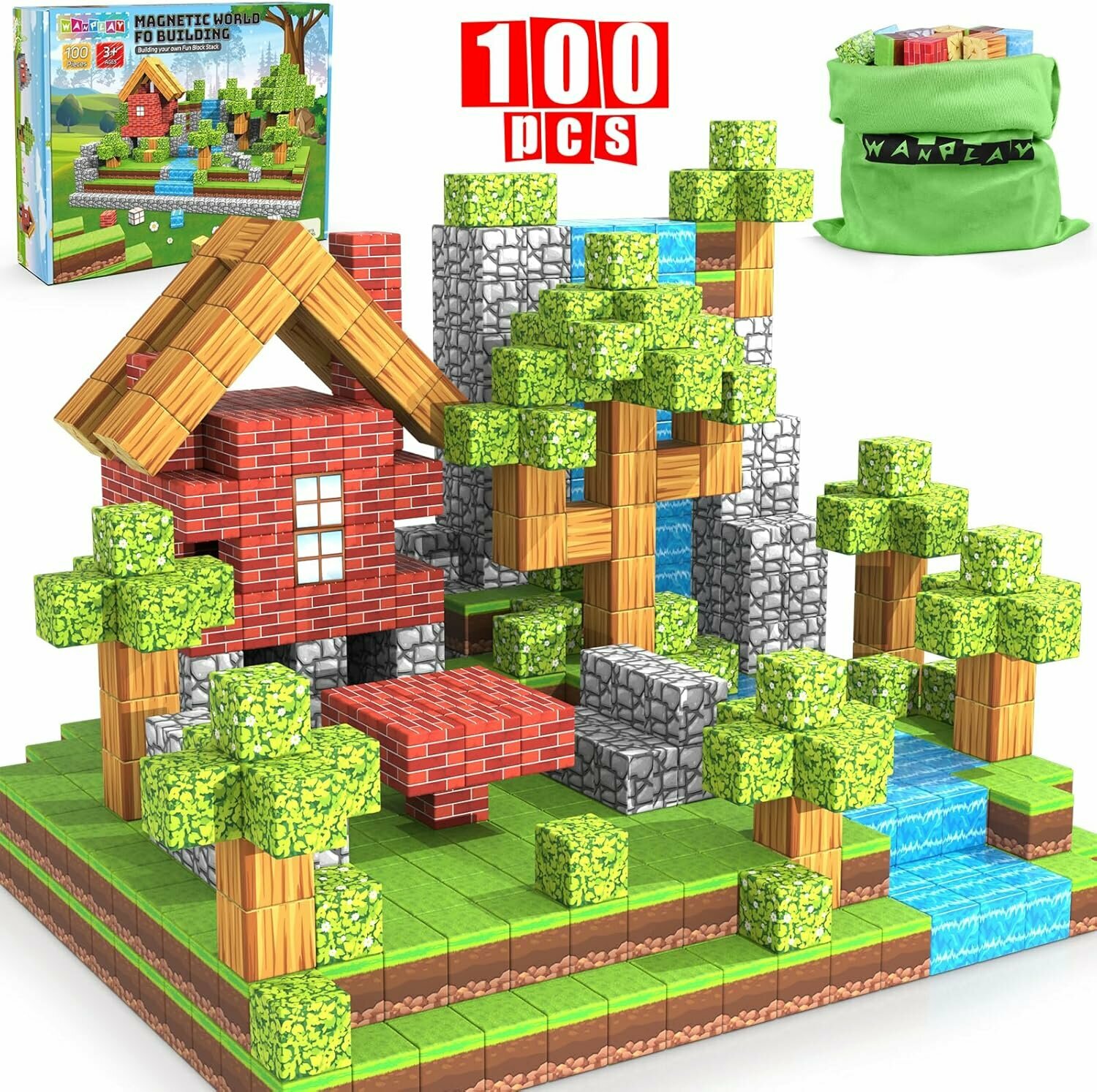 Магнитные кубики, 100 шт, магнитные строительные блоки для детей, SETM Игрушки для малышей, магнитные кубы, подарки на день рождения для мальчиков и девочек в возрасте 3-12 лет, лесной тематический набор, 1 дюйм, 8 разных типов, из магнитного дизайна и