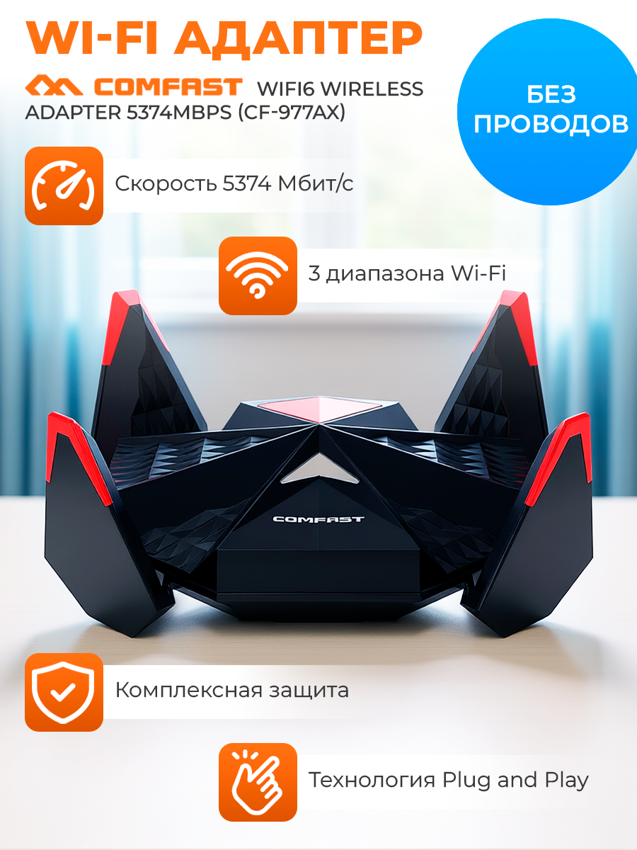 Адаптер COMFAST WiFi6 Wireless Adapter 5374Mbps (CF-977AX), черный