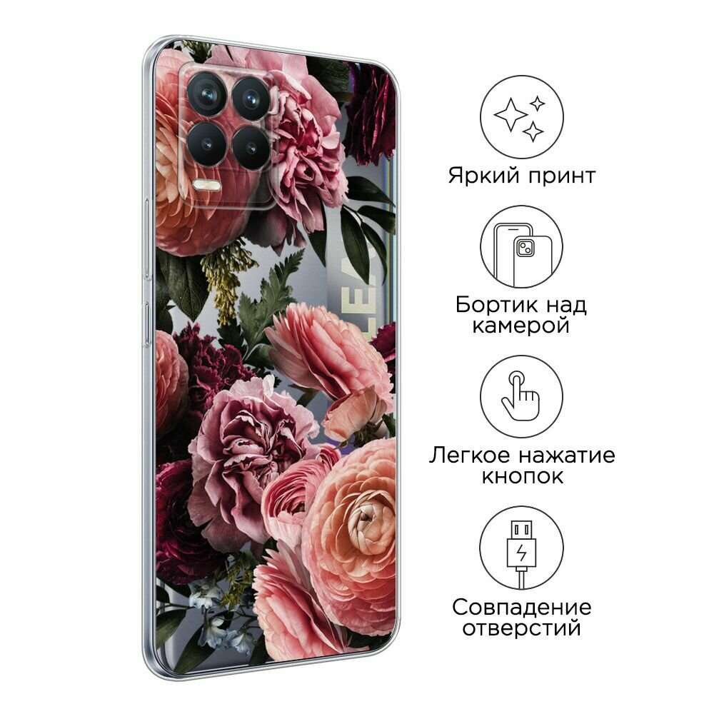 Чехол на Realme 8/8 Pro / Реалми 8/8 Про с принтом "Бордовые винтажные цветы", прозрачный — фото 1