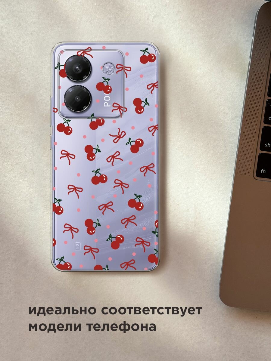 Чехол на Poco M7 Pro / Поко М7 Про с принтом "Вишни и ленточки", прозрачный — фото 1