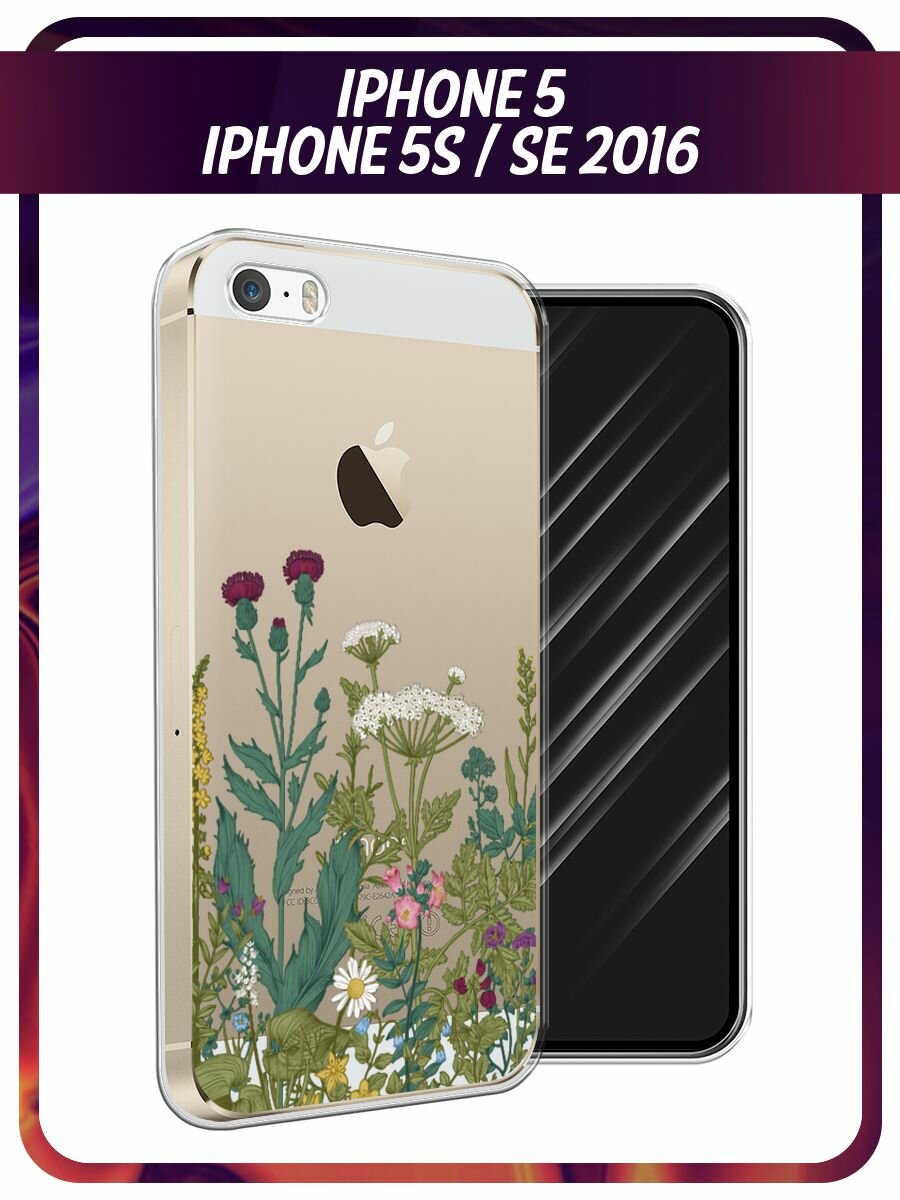 Чехол на Apple iPhone 5/5S/SE / Айфон 5/5S/SE с принтом "Дикие полевые цветы", прозрачный