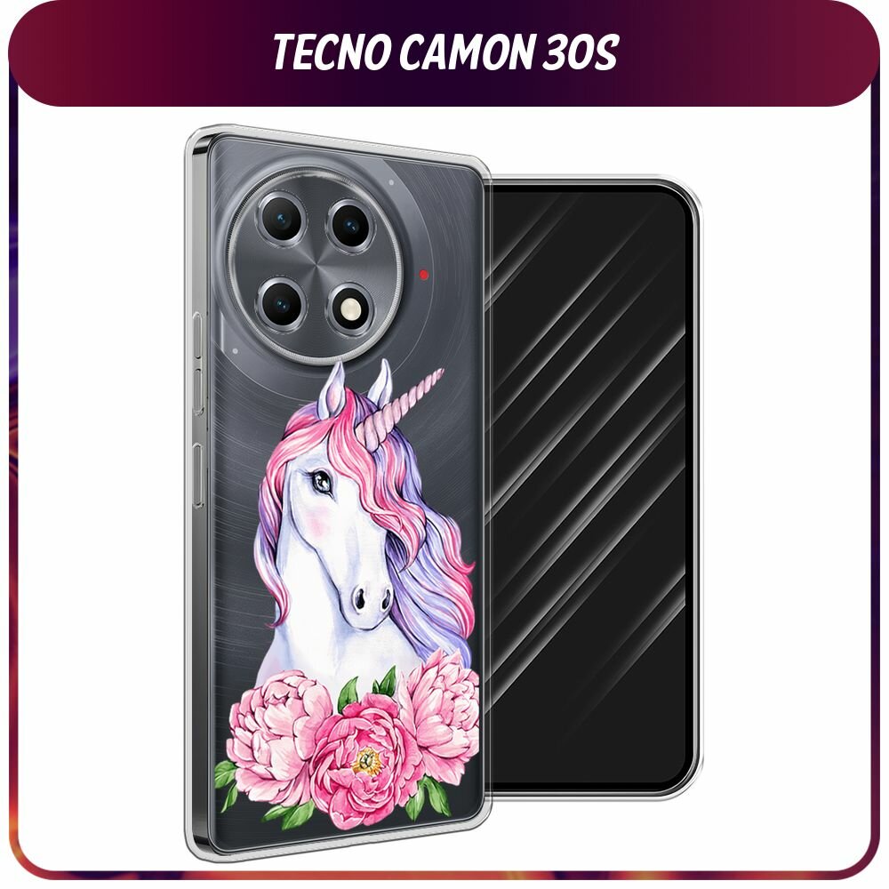 Чехол на Tecno Camon 30S / Текно Камон 30S с принтом "Единорог с пионами", прозрачный