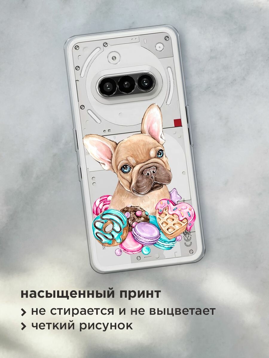 Чехол на Nothing Phone 3a / Нотинг Фон 3а с принтом "Бульдог и сладости", прозрачный — фото 1