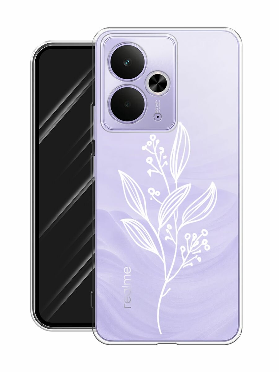 Чехол на Realme 14T / Реалми 14Т с принтом "Ветка с листочками и цветами", прозрачный — фото 1