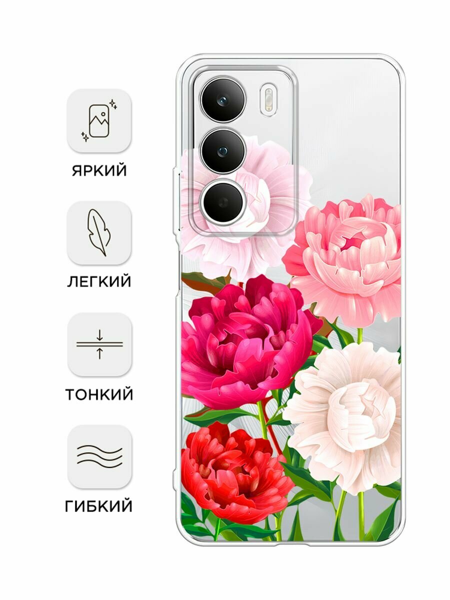 Чехол на Realme C71/P3 Lite 4G / Реалми С71/P3 Лайт 4G с принтом "Большие пионы", прозрачный — фото 1