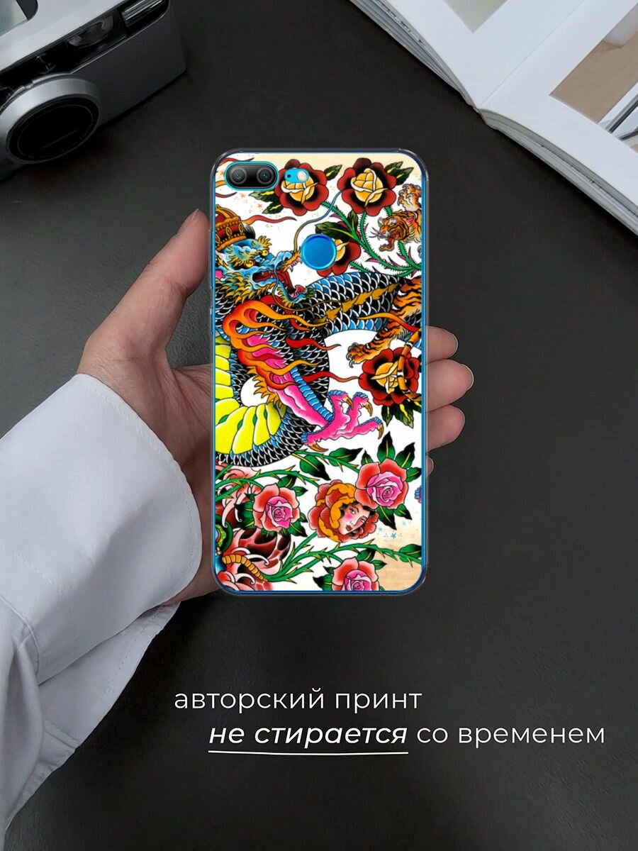 Чехол на Honor 9 Lite / Хонор 9 Лайт с принтом "Дракон в цветах" — фото 1
