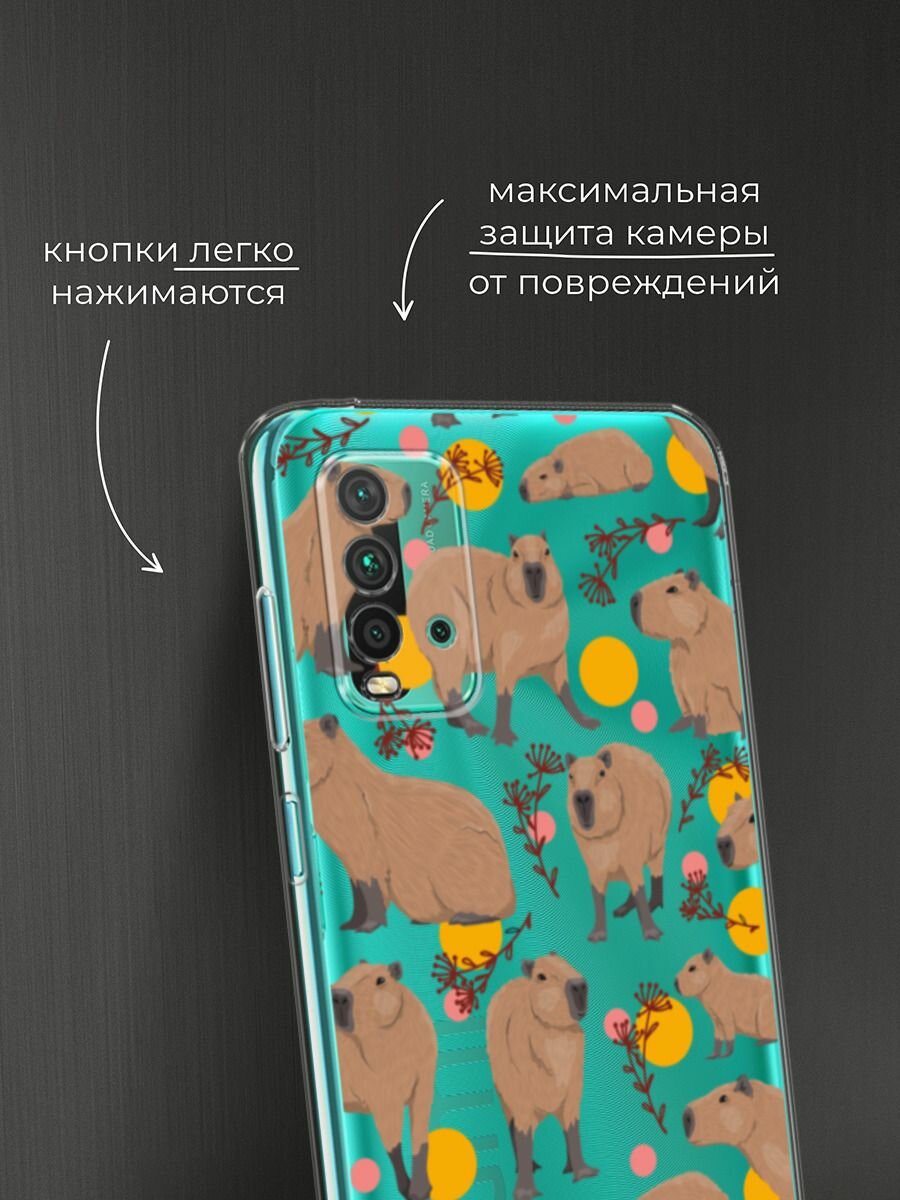 Чехол на Xiaomi Redmi 9T / Сяоми Редми 9Т с принтом "Капибара паттерн", прозрачный — фото 1