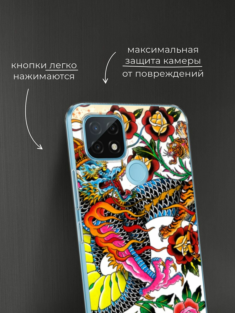 Чехол на Realme C21 / Реалми С21 с принтом "Дракон в цветах" — фото 1