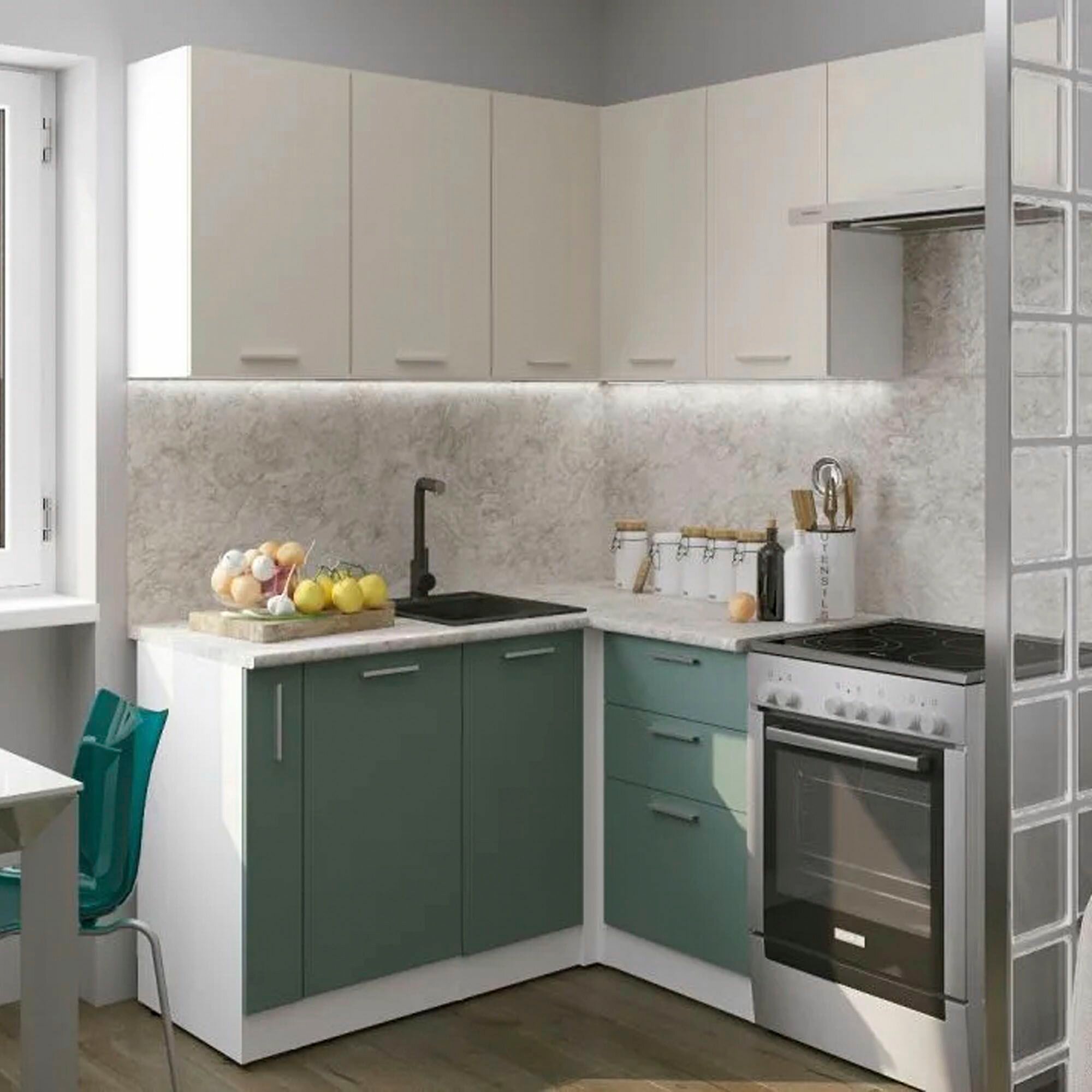 Кухонный гарнитур Глория мега прайм 1600*1700, цвет Кашемир/Бензин, ширина 160*170 см, угловой, с дверками, с ящиками