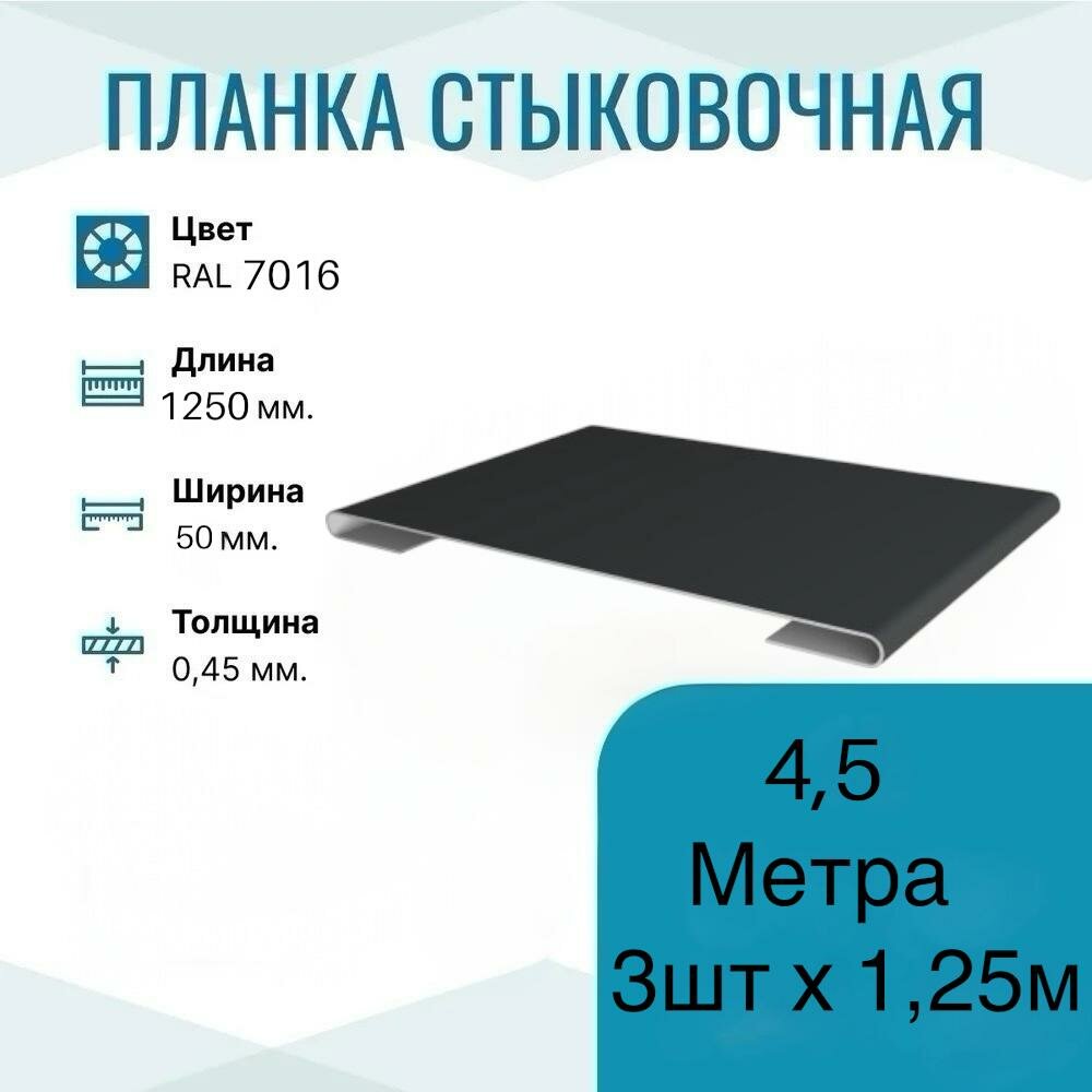 Нащельник металлический ширина 50мм , длина 1,25м*3шт , цвет Антрацит RAL 7016
