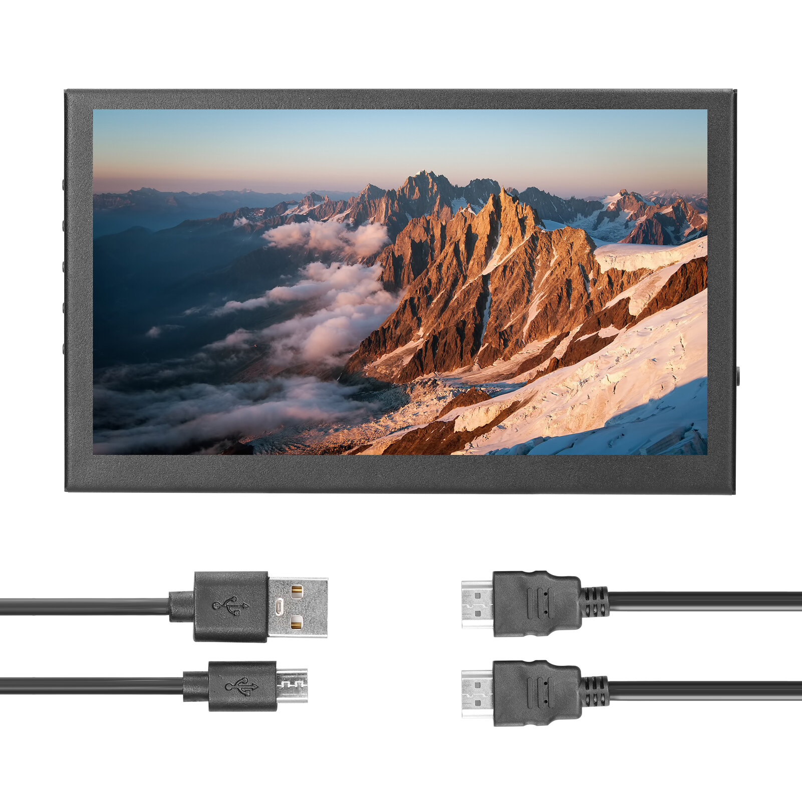 Портативный монитор 7 дюймов с сенсорным экраном, разрешение 1024*600, IPS панель, LCD, емкостный сенсорный экран, с динамиками, со звуковым разъемом, соотношение сторон 16:9, контраст 800:1, яркость 400cd/m², частота обновления 60Hz, угол обзора 178°,