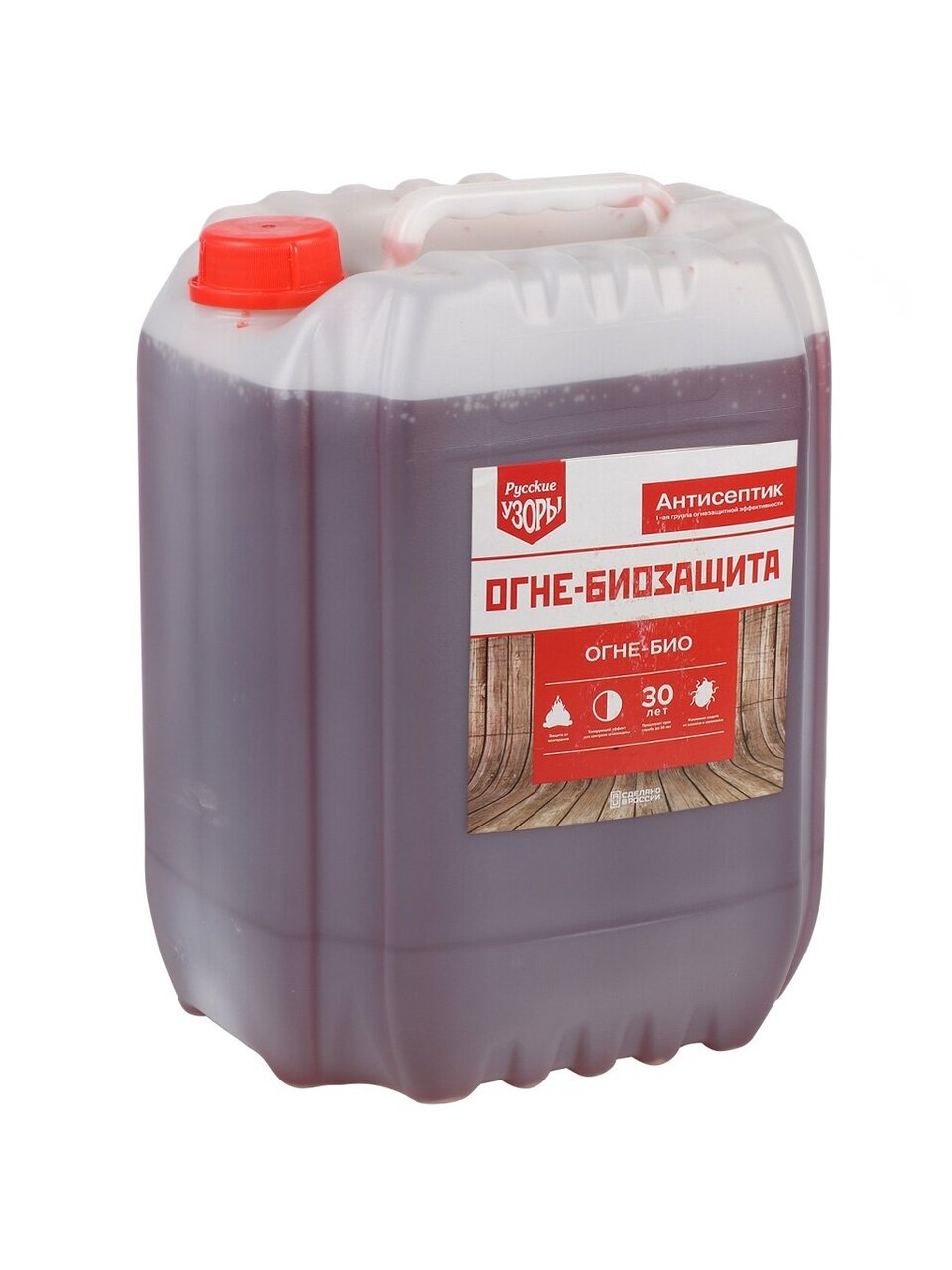 Антисептик для дерева Русские узоры ОгнеБио 10 л, огнебиозащита, без запаха, бесцветный, для внутренних и наружных работ