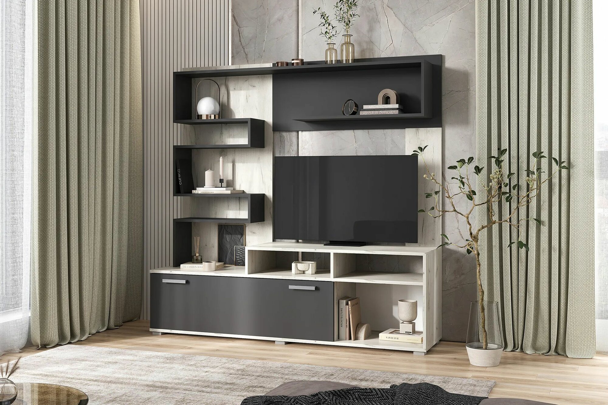 Гостиная Рица (Графит, Дуб Крафт Белый/Графит)