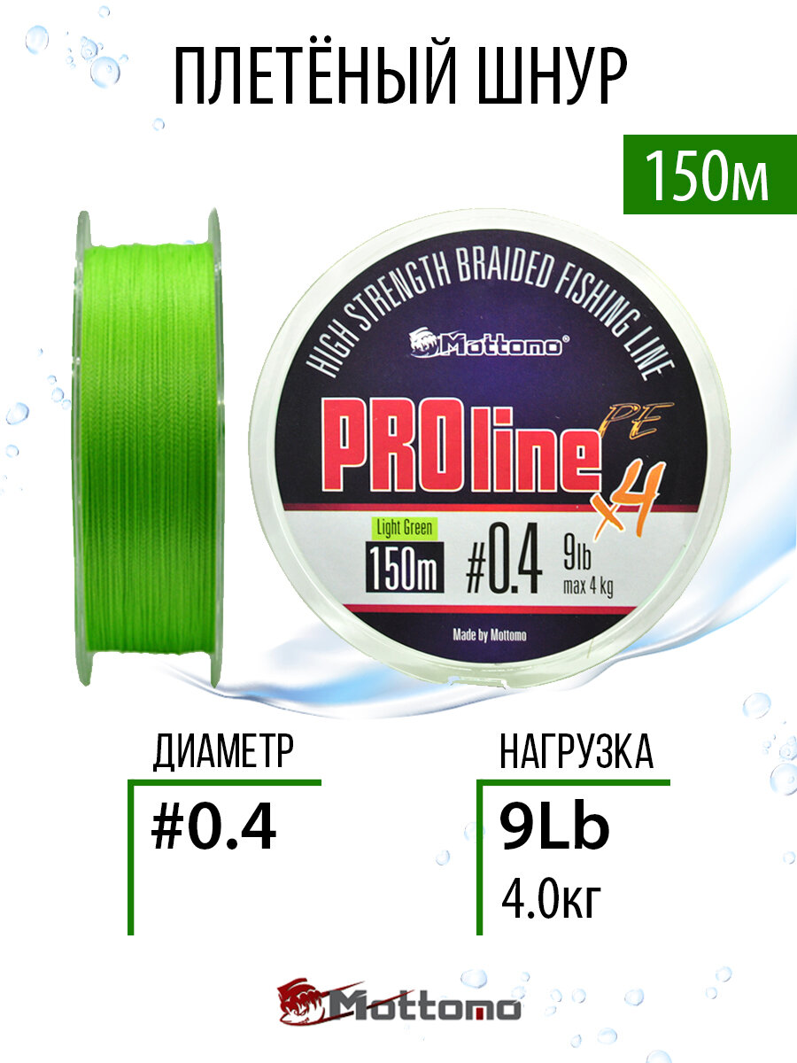 Плетеный шнур Mottomo ProLine PEx4 Light Green #0.4/4kg 150m, рыболовная плетенка