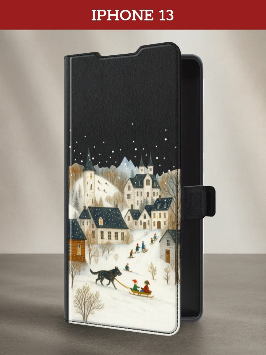 Чехол-книжка на Apple iPhone 13 / Айфон 13 с рисунком Зимняя сказка, черный