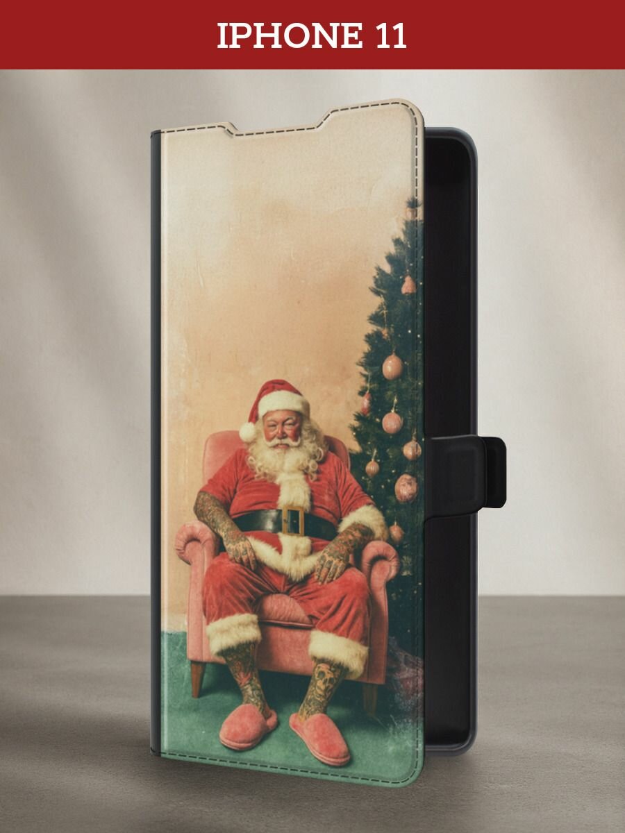 Чехол-книжка на Apple iPhone 11 / Айфон 11 с рисунком Крутой Дед-Мороз, черный
