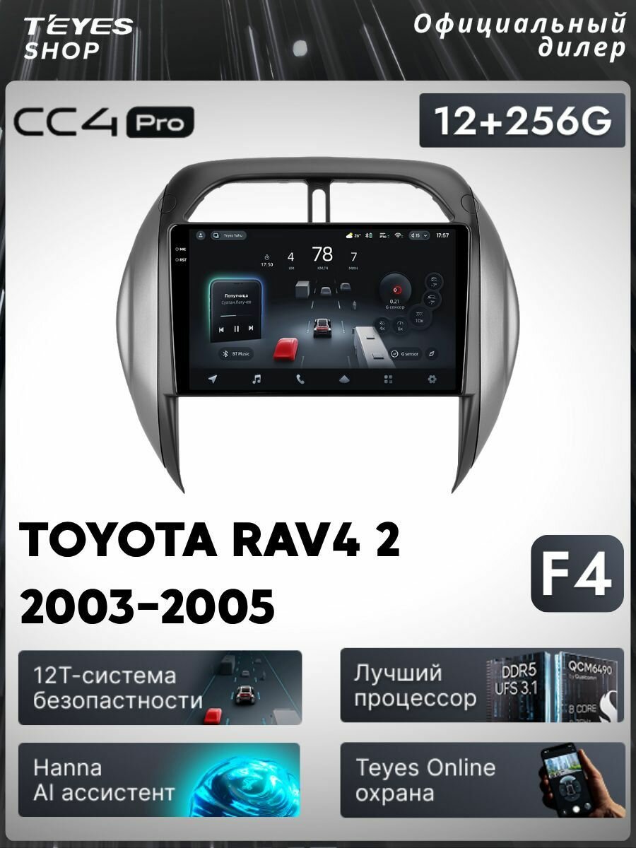 Магнитола Toyota RAV4 2003-2005 Teyes CC4 Pro 12/256GB, штатная магнитола, 8-ми ядерный процессор, QLED экран, 2 DSP, 4G, Wi-Fi, 2 DIN