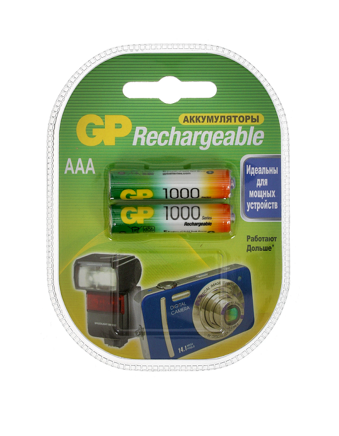 Аккумуляторные батарейки GP 100AAAHC, NiMH, 1.2V, 1000mAh, size AAA, 2шт
