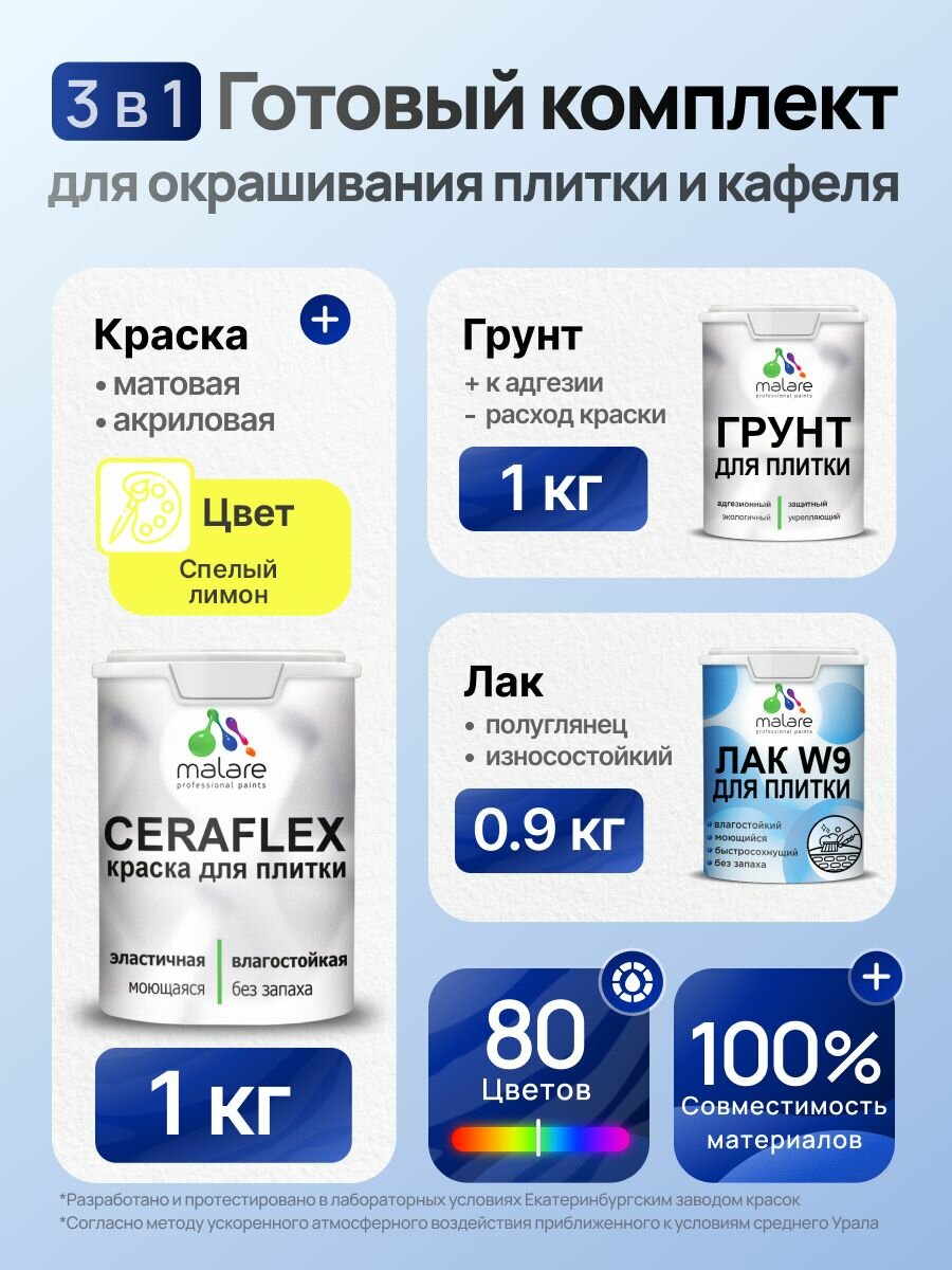 Комплект Malare для окрашивания плитки и кафеля (1кг грунт + 1кг краска + 0,9кг лак), без запаха, полуглянцевый, цвет спелый лимон