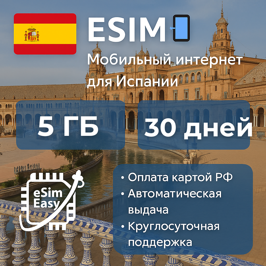 ESIM, 5 гб на 30 дней, для интернета в Испании, для телефона и планшета, 5G, 4G, 3G, электронный ключ