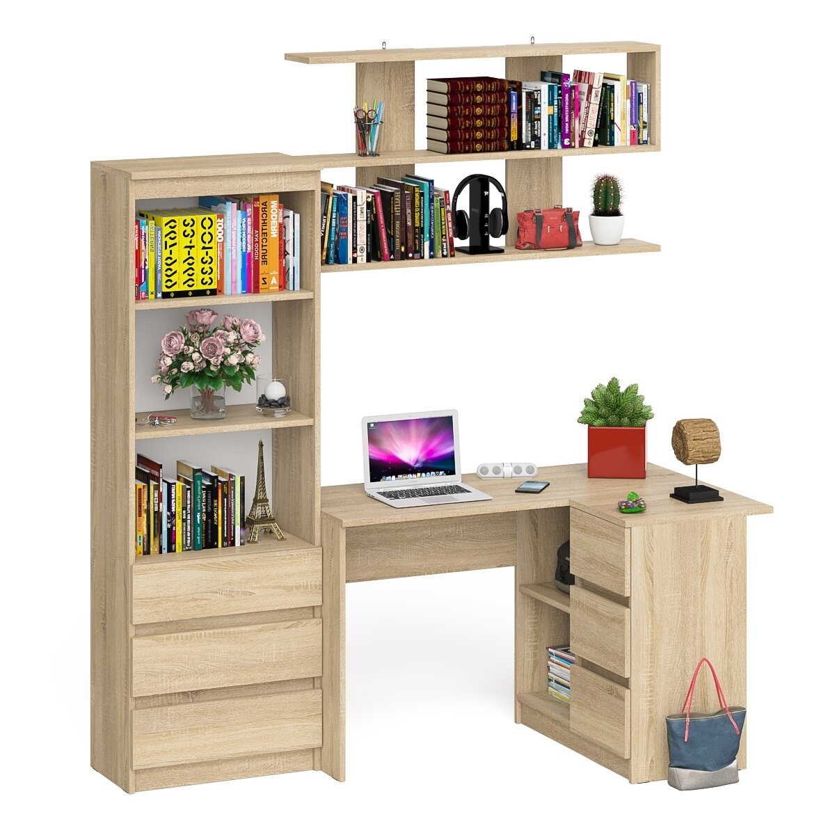 Рабочее место с угловым столом Мори МС-16 правым со стеллажом и навесной полкой, дуб сонома, 184,8х84,9х209,6 см.