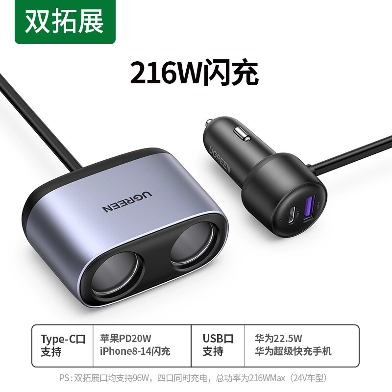 216 Вт двойной USB-C автомобильный зарядный адаптер для iPhone 8 и выше с быстрой зарядкой и расширенными портами