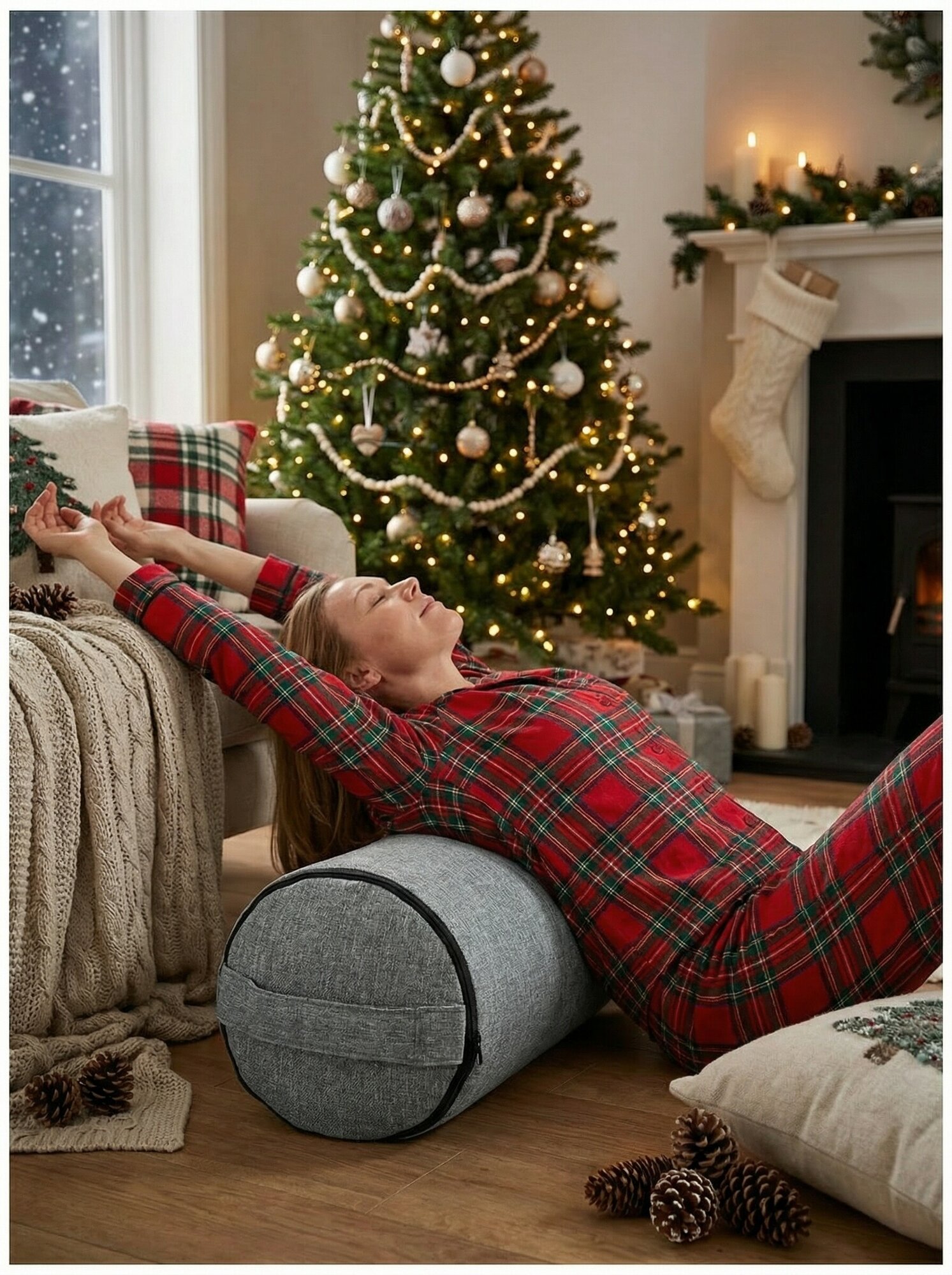 Подушка для йоги медитации BIO-TEXTILES Болстер валик 70*22 серый с лузгой гречихи массажная спортивная ортопедическая