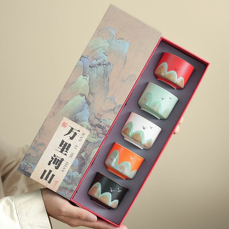 Чайный сервиз Qianlijiangshan, культурная и креативная чайная чашка National tide, подарочная коробка, мастер-чашка с ручной росписью, керамическая чайная чашка
