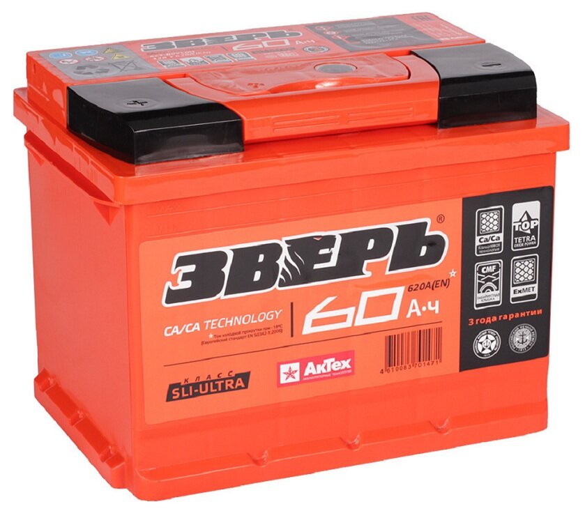 Аккумулятор автомобильный Зверь 60 А/ч 620 А прям. пол. Росс. авто (242x175x190)