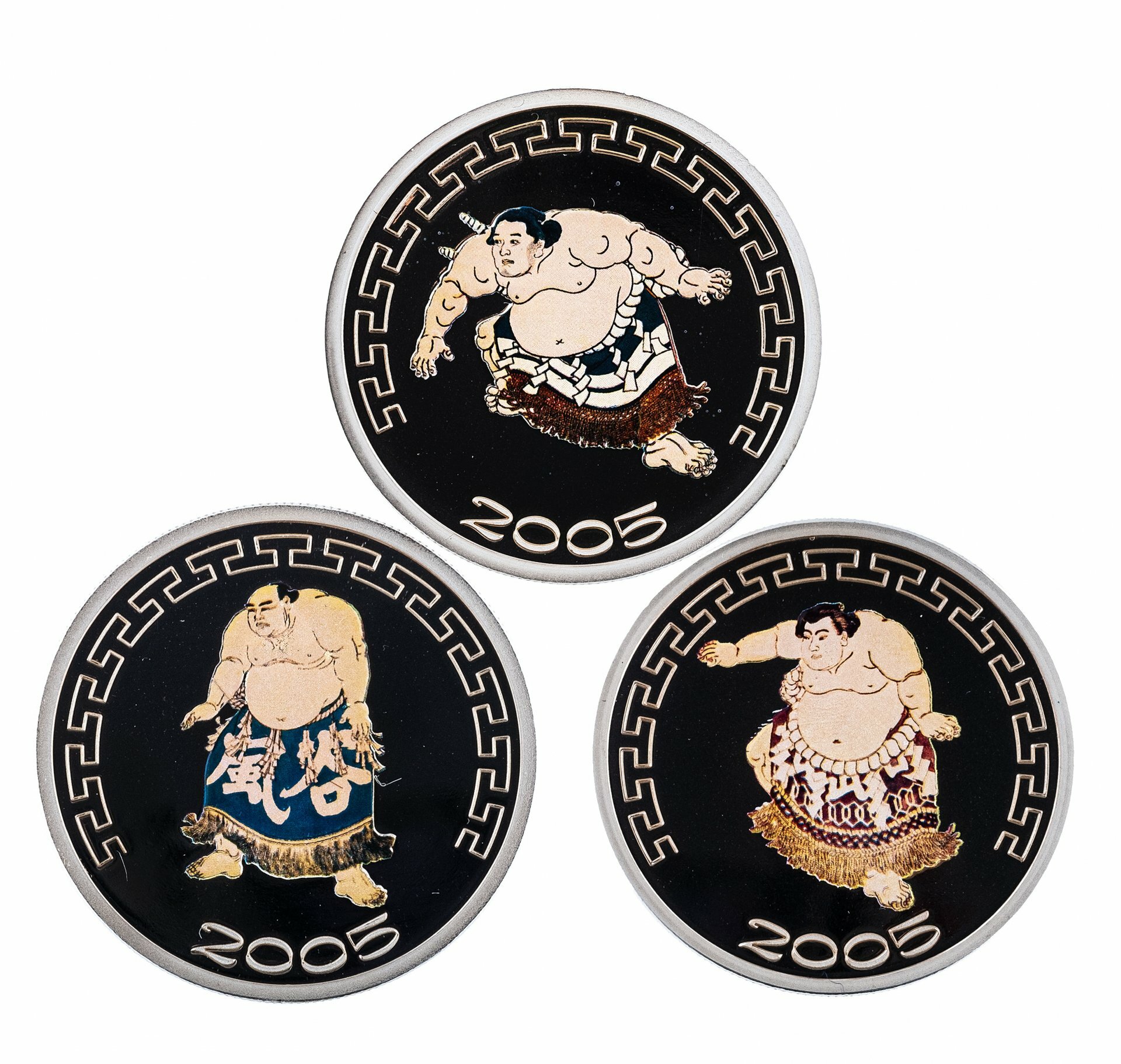 Монголия 500 тугриков 2005 набор из 3-х монет "Борец сумо" в футляре с сертификатом, Серебро, в сохранности Proof