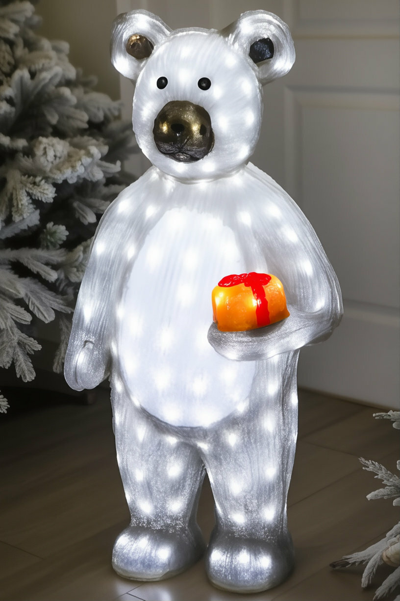 Декоративная светящаяся фигура мишка С подарком, акрил, 160 белых LED-огней, 90 см, уличный, Winter Deco 4060458