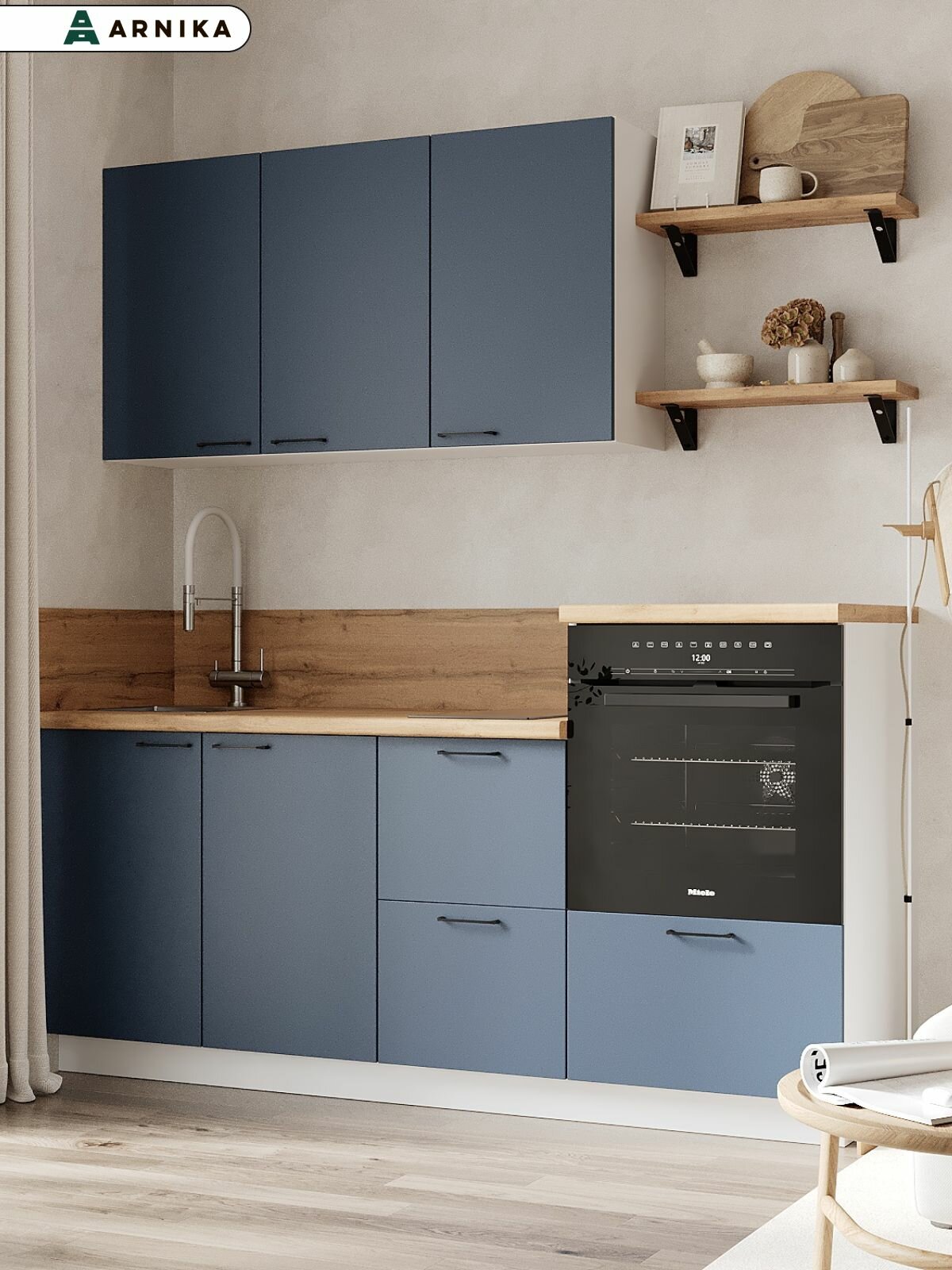 ARNIKA Кухонный гарнитур со столешницей "Дакия" 1,9м х 2,4м, цвет ежевика (синий), фасад пленка ПВХ