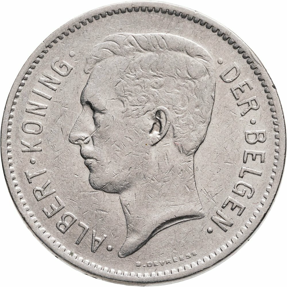 Бельгия 5 франков francs 1932 надпись на голландском - "ALBERT KONING DER BELGEN", Никель, в сохранности VF