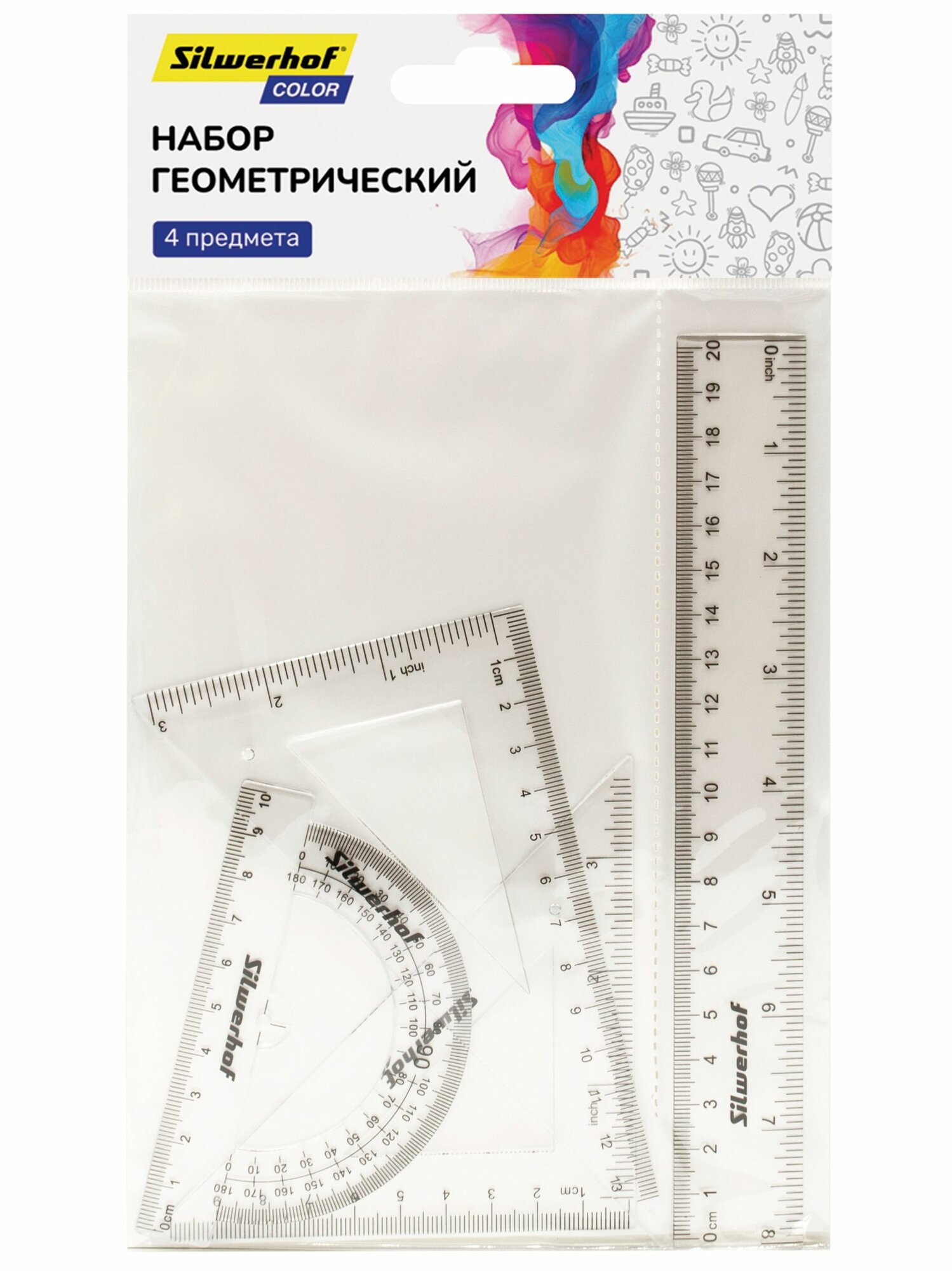 Набор линеек Silwerhof пластик прозрачный комплект: линейка 20см/угольник 30х14см/угольник 45х10см/транспортир Color
