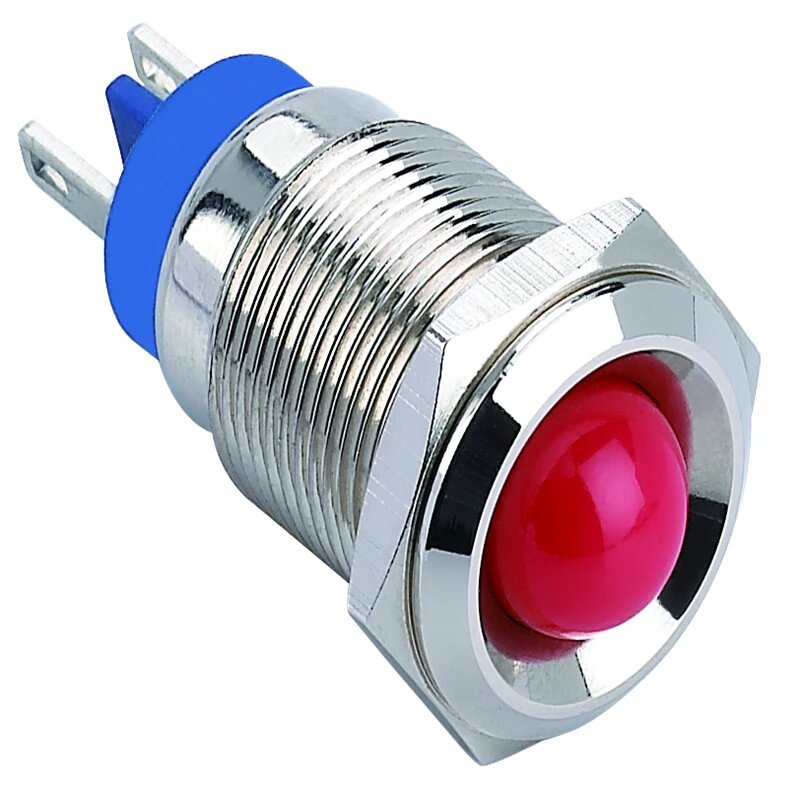Кнопка индикаторная 16 мм, Red Light 12V, nickel plated pin