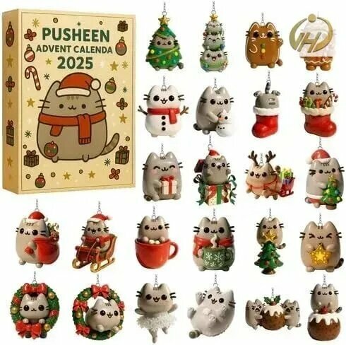 Пушин Адвент-календарь 2025, 24-дневный обратного отсчёта до Рождества, украшения и брелоки для детей и любителей Адвента