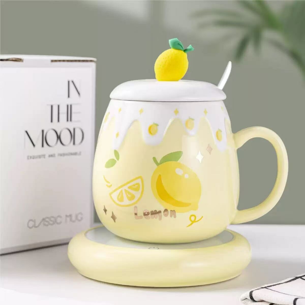 Кружка с подогревом керамическая на подставке 480 мл, подарочный набор с крышкой и ложкой