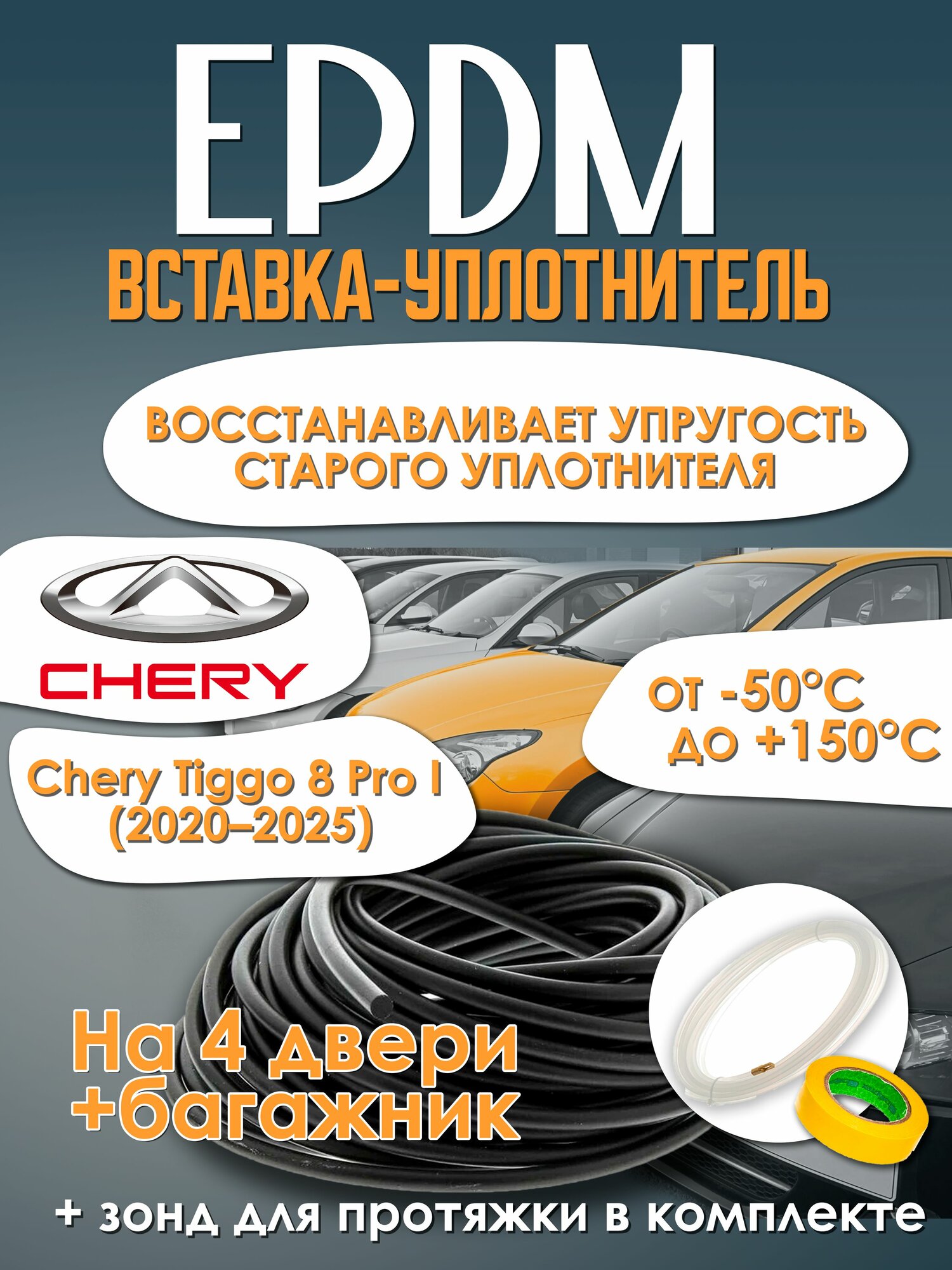 EPDM вставка-уплотнитель для дверей автомобиля Chery Tiggo 8 Pro I (2020-2025) / Чери Тигго 8 Про 1 поколение