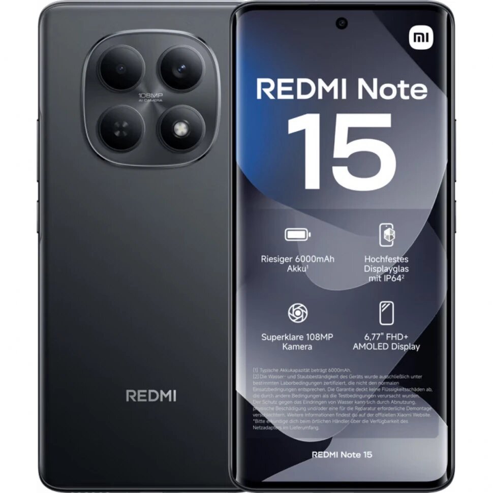 Смартфон Xiaomi Redmi Note 15 4G 8/128Gb черный, AMOLED 6.77"